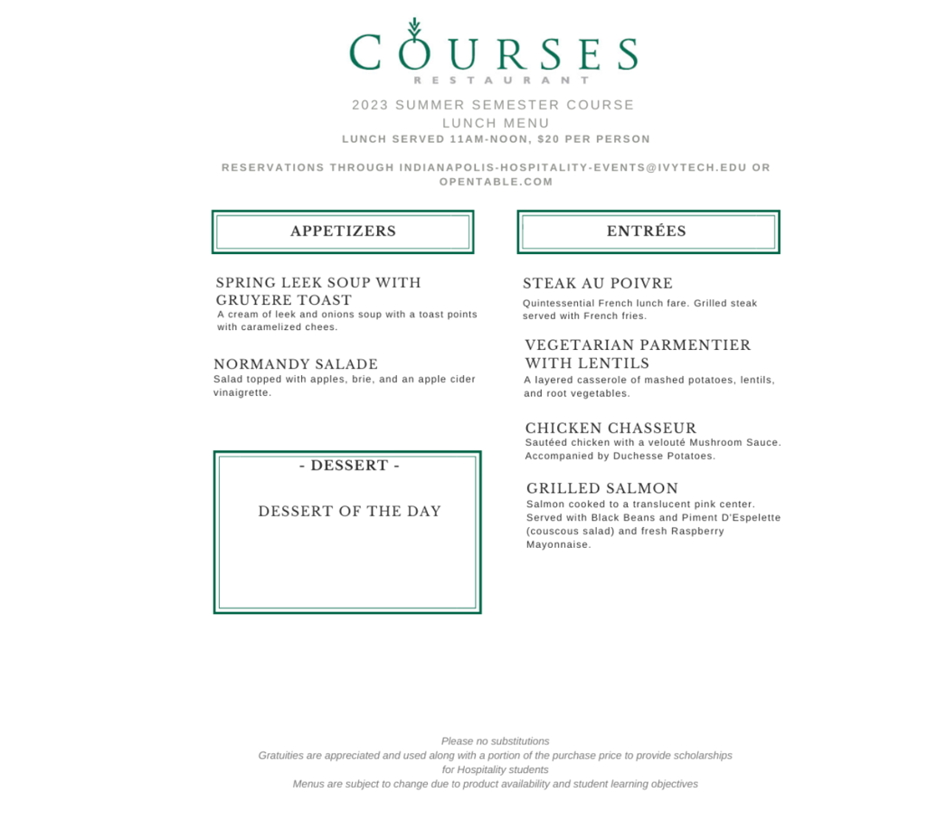 COURSES Student-Operated Food Services - Ivy Tech Community College